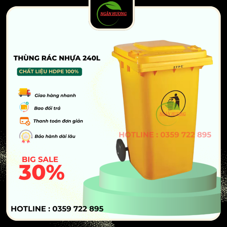 Thùng rác nhựa 240L - Tổng Kho Thùng Rác Ngân Hương